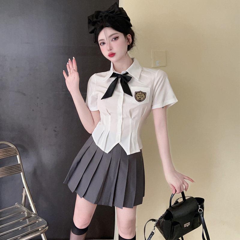 酒店ktv前台接待气质jk制服女夏季衬衫百褶裙足浴技师工作服套装