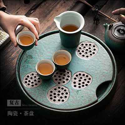 陶约瓷茶盘大号茶家用储水简式茶托盘圆形台茶海办CP-21052公室干