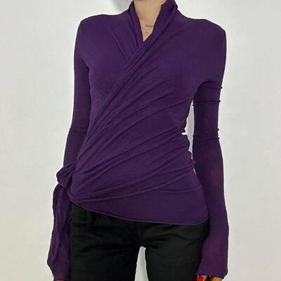 Pure Color V-Neck Crossed Tie T-Shirt Y2K Vintage Elegant