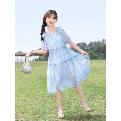 AGLFLIN女童连衣裙2025夏季款中大童泡泡袖裙子小女孩洋气公主裙