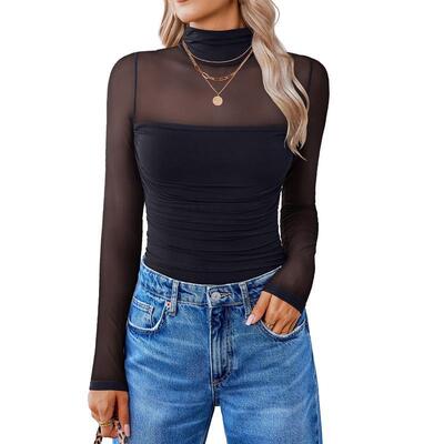 W 15710 Sheer Mesh Semi High Neck T Shirt 网纱拼接T恤