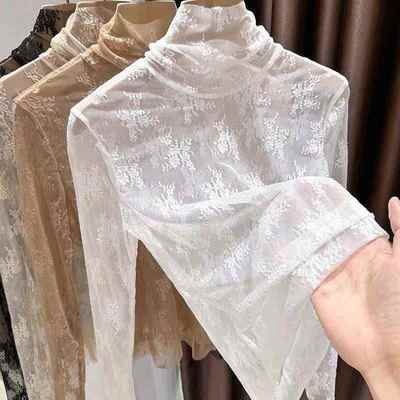 秋冬打底衫木耳高领蕾丝新款感内搭纱衣镂空网纱上衣1226k