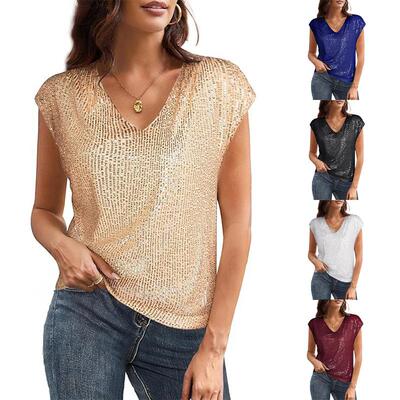 Elegant Women's Sequined V-Neck Batwing Sleeve Top Blouse