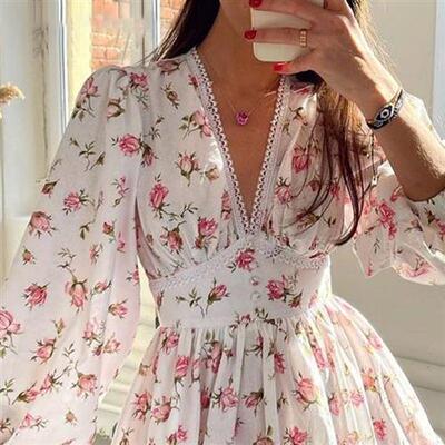 Temperament Sweet Print V-Neck Lace Short Dress