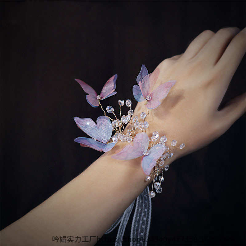 闪亮小清新婚礼新娘手腕花伴娘团手环花蓝粉蝴蝶水晶儿童头饰演出