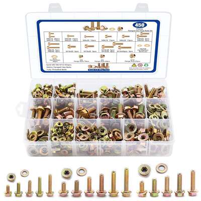 450pcs高强度彩锌法兰螺栓8.8级平垫圈螺母套装 六角法兰螺栓盒装