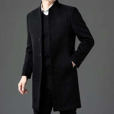 秋冬季中年5589-PP男双长面呢立领大衣商务休老闲士中款男士高档