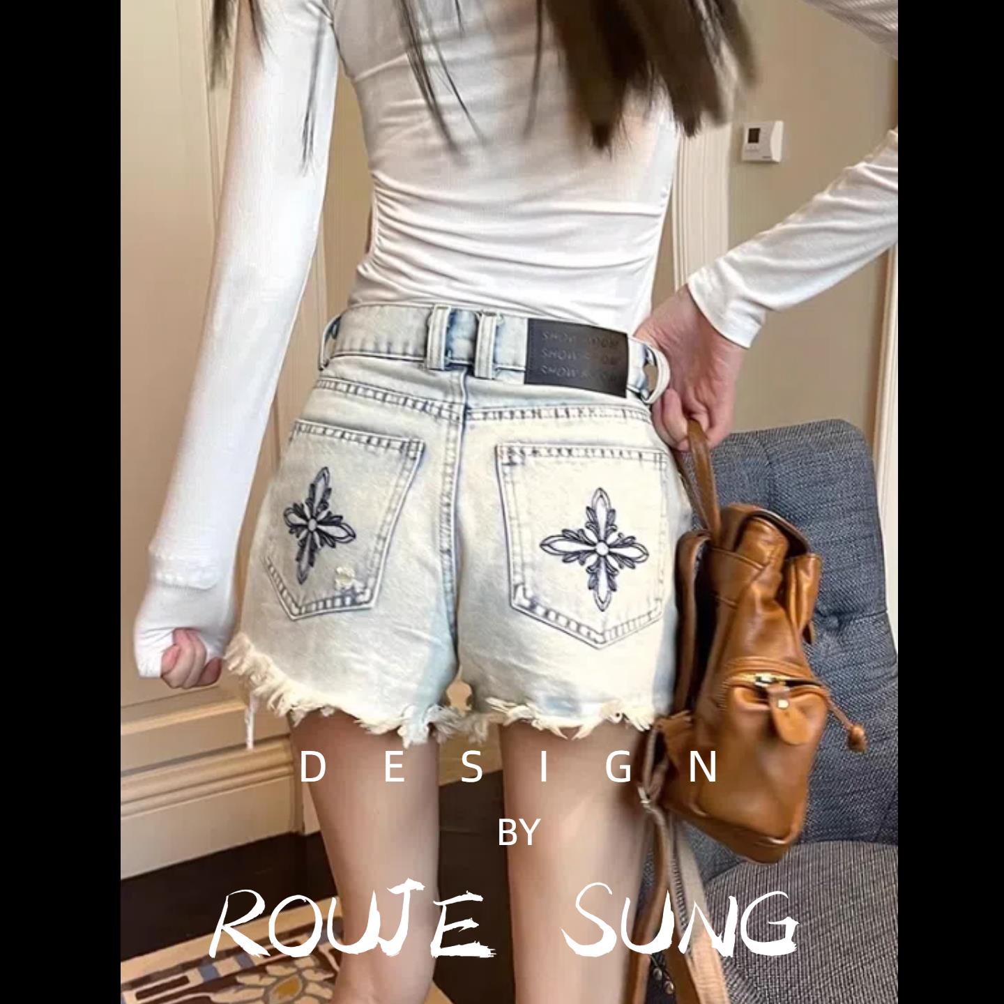 ROUJE SUNG做旧水洗刺绣毛边牛仔短裤女夏高腰直筒甜酷辣妹a字裤