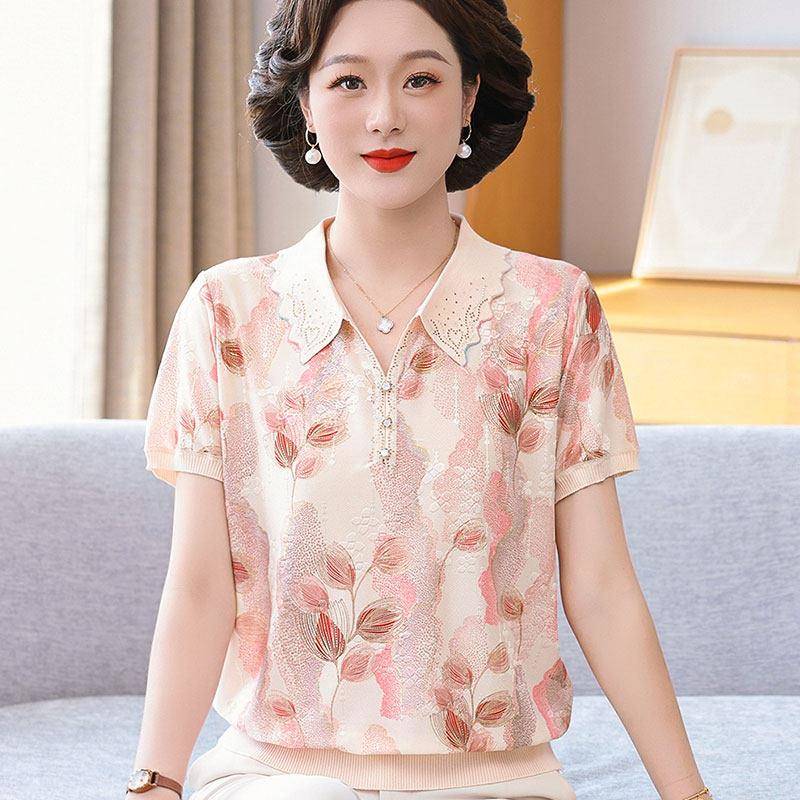 新款妈妈装2025夏季短袖翻领小衫两件套中老年女洋派冰丝T恤衫薄