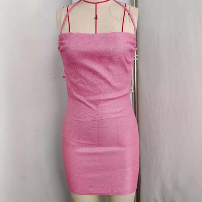 Sparkling Pink Bareback Strap Dress 闪粉露背绑带连衣裙