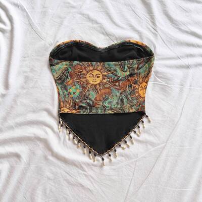 Womens Vacation Knit Floral Print Beaded Cami Top Perfect
