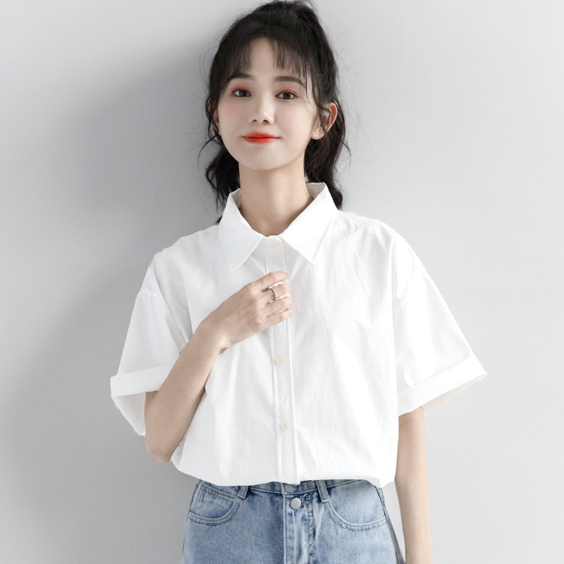 韩国白色短袖衬衫女春夏季polo领上衣正肩小个子休闲 气质工装衬