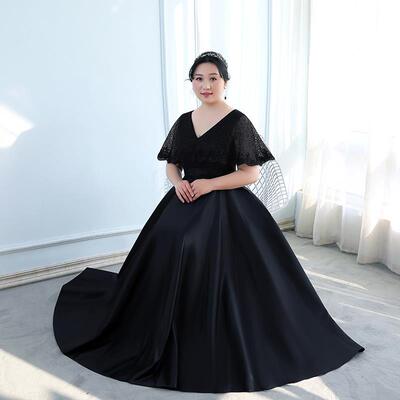 高档大码黑色礼女胖mm服显瘦年会演出主持加肥20人0斤遮肉025气质
