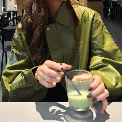 Collar green leather jacket short jacket