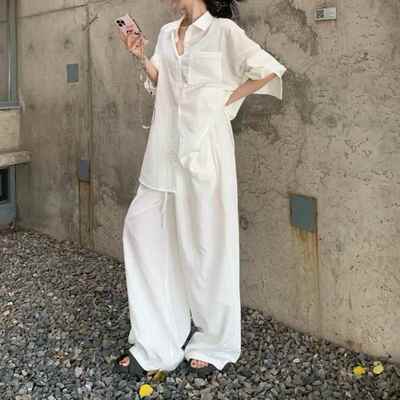 Ladies 2 Piece Set Cotton Linen Shirt Suit Loose Pants套装