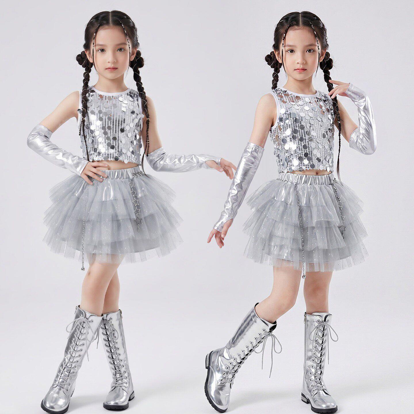 女童爵士舞服装幼儿亮片背心时尚演出服模特走秀露脐jazz银色套装