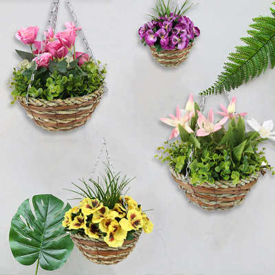 仿真植物壁挂花篮玫瑰花欧式家居装饰吊顶草编花篮壁挂塑料人造花