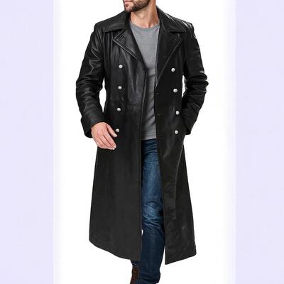 Men's black leather trench coat, German officer long jacket