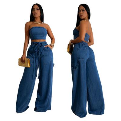 Casual Personalized Denim Tube Top Braided Wide-leg Pants Se