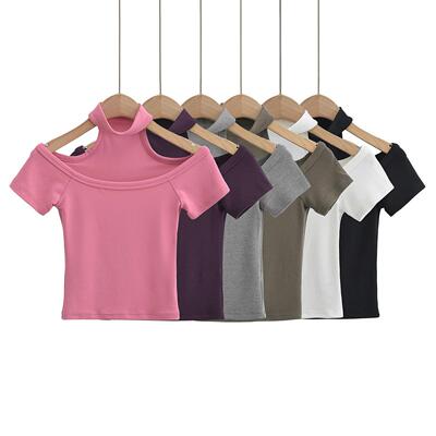 Hanging neck one collar short sleeved T-shirt for women,