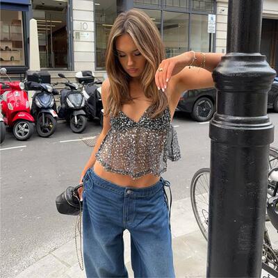 Women Glitter Sequin Sheer Fitted Cami Casual Chic
