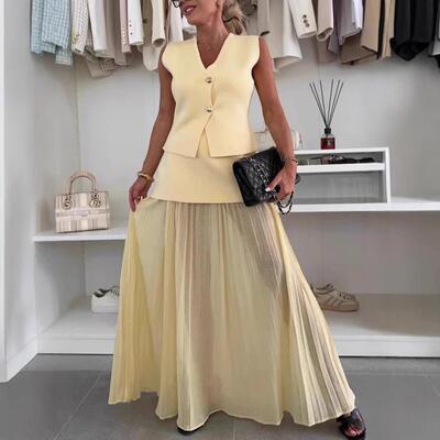 Women's Knitted Vest, Chiffon Splicing Long Skirt Set