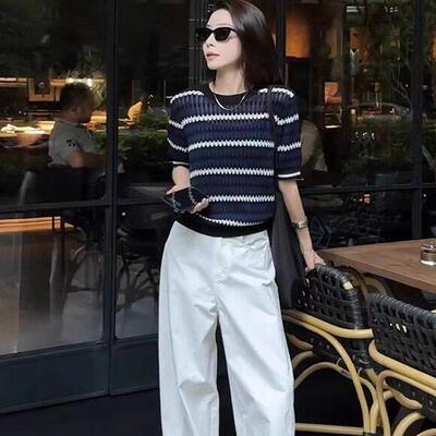 法式Rixo Kelly百搭设计感条纹针织短款上衣女小个子短袖正肩T恤