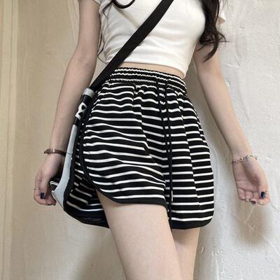 Solid color drawstring high waisted shorts抽绳条纹运动短裤女