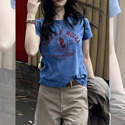 美式街头风冲浪企鹅印花短袖T恤女2026夏季新款蓝色修身显瘦上衣
