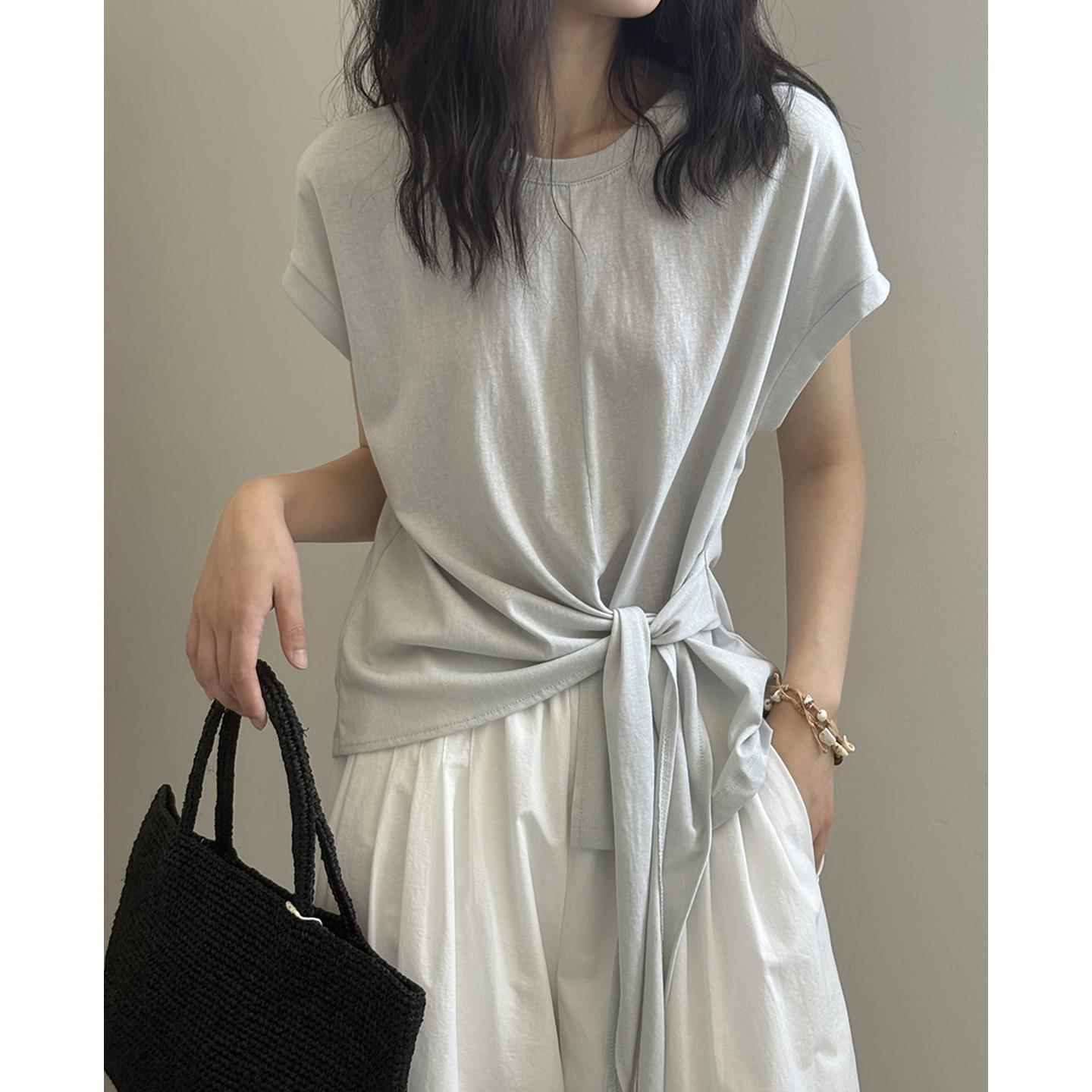 绑带收腰设计感短袖T恤女2026夏季新款纯色气质法式宽松高级上衣