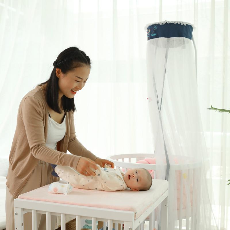 儿床JDQ带圆床儿童床木婴可升降尿布台蚊帐松实木带护栏婴儿拼接