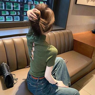 DOEN MOCY绿色镂空冰丝薄款短袖针织衫女夏季修身显瘦t恤短款上衣