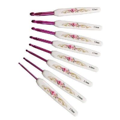 8Pcs Crochet Hooks Vintage Printing Plastic Handle Aluminum