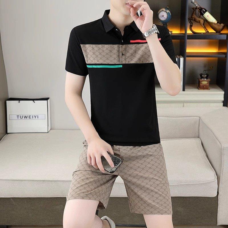 高端夏季短袖t恤套装男士运动服2025新款短裤休闲POLO衫两件套潮