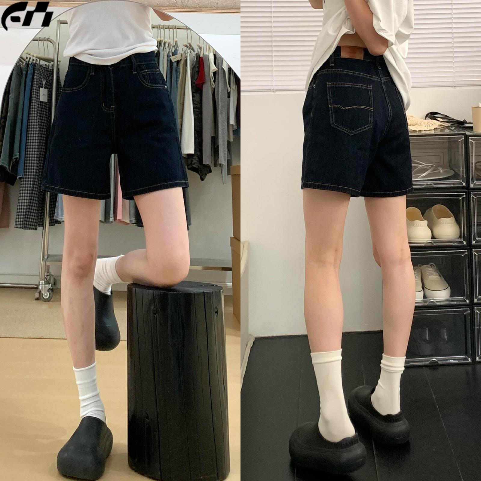 美式深蓝色牛仔短裤女2025新款高腰小个子胖mm梨型身材a字五分裤