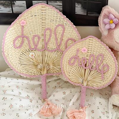 纯手工制作diy夏日蒲扇粉色流苏爱心扇子手持覆古可携式编织手柄
