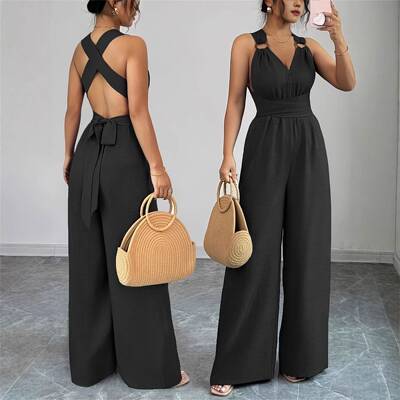 Elegant Backless Wide Leg Jumpsuit for Women – High Waisted