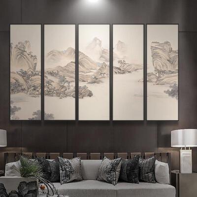 招财山水画新中式餐厅茶室包间挂画大气客厅沙发背景装饰画水墨画