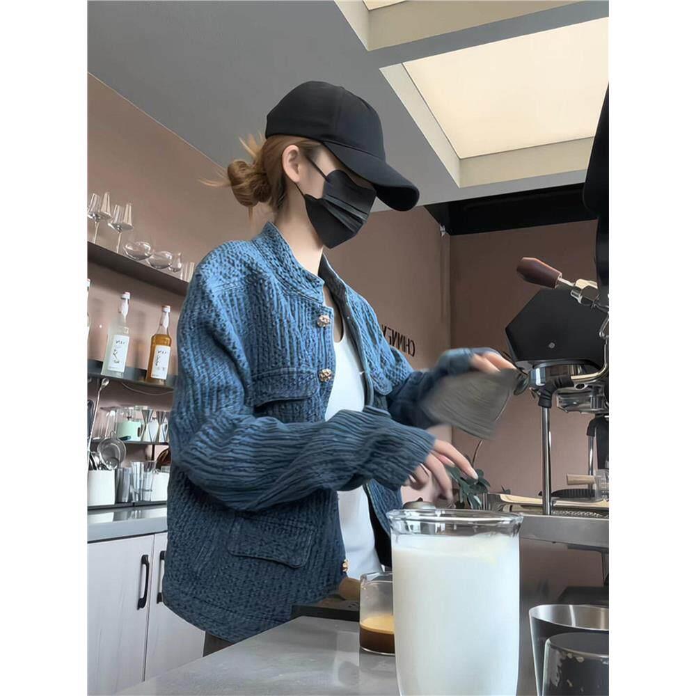 美式复古蓝色肌理感牛仔小香风外套女春秋宽松高级感立领夹克上衣