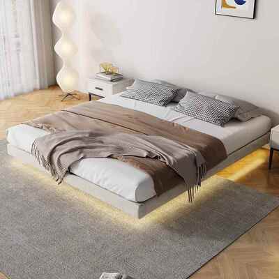 床头悬浮磨砂科技布床红轻奢现代简TUM约双人床无网实木空带悬灯