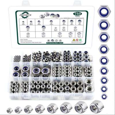 750pcs 304不锈钢尼龙锁紧螺母蓝公制M2-M12+白英美制#6-32--#1/2