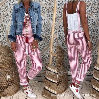 Women's striped overalls, long pants, jumpsuit