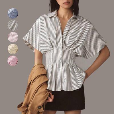 Waist cinched shirt with striped pleats, slimming