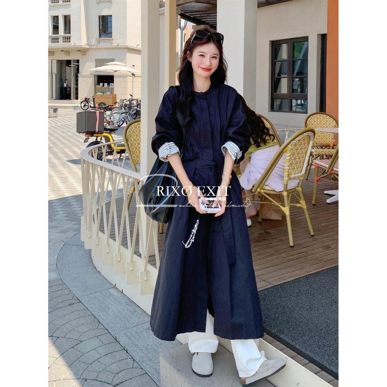RIXO EXIT韩系藏蓝色气质休闲范风衣外套女2026秋季新款长款外衣