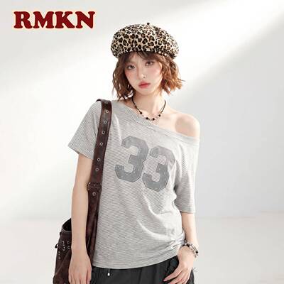RMKN夏季斜肩短袖女数字印花露肩t恤美式辣妹休闲条纹短款上衣