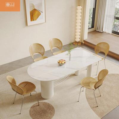 法式白色岩桌板餐会XBM桌小户出租屋家用半议圆形吃饭桌型加厚岩
