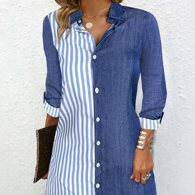 Women's striped color blocked long sleeved buckle mid