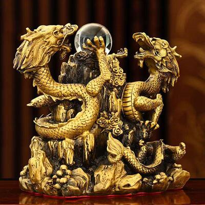 铜龙戏珠件 生肖龙家二摆用办公摆件 金属制双龙GZT15600戏珠工纯