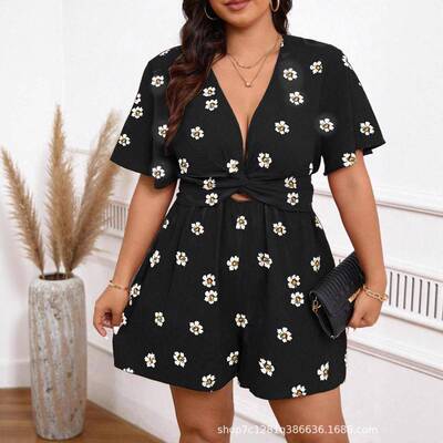 Plus Size Women's Floral Print Jumpsuit Loose Fit V Neck