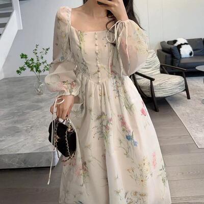 2025春新款林中花雨 法式连衣裙鱼骨显瘦印花初恋仙女裙茶歇长裙